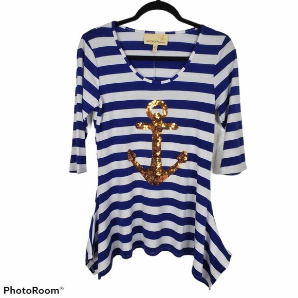 Antthony | Tops | Antthony Originals Blue White Gold Anchor Top Small ...